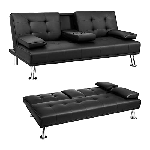 Flamaker Futon Sofa Bed Modern Faux Leather Couch, Convertible Folding Recliner Lounge Futon Couch for Living Room with 2 Cup Holders with Armrest