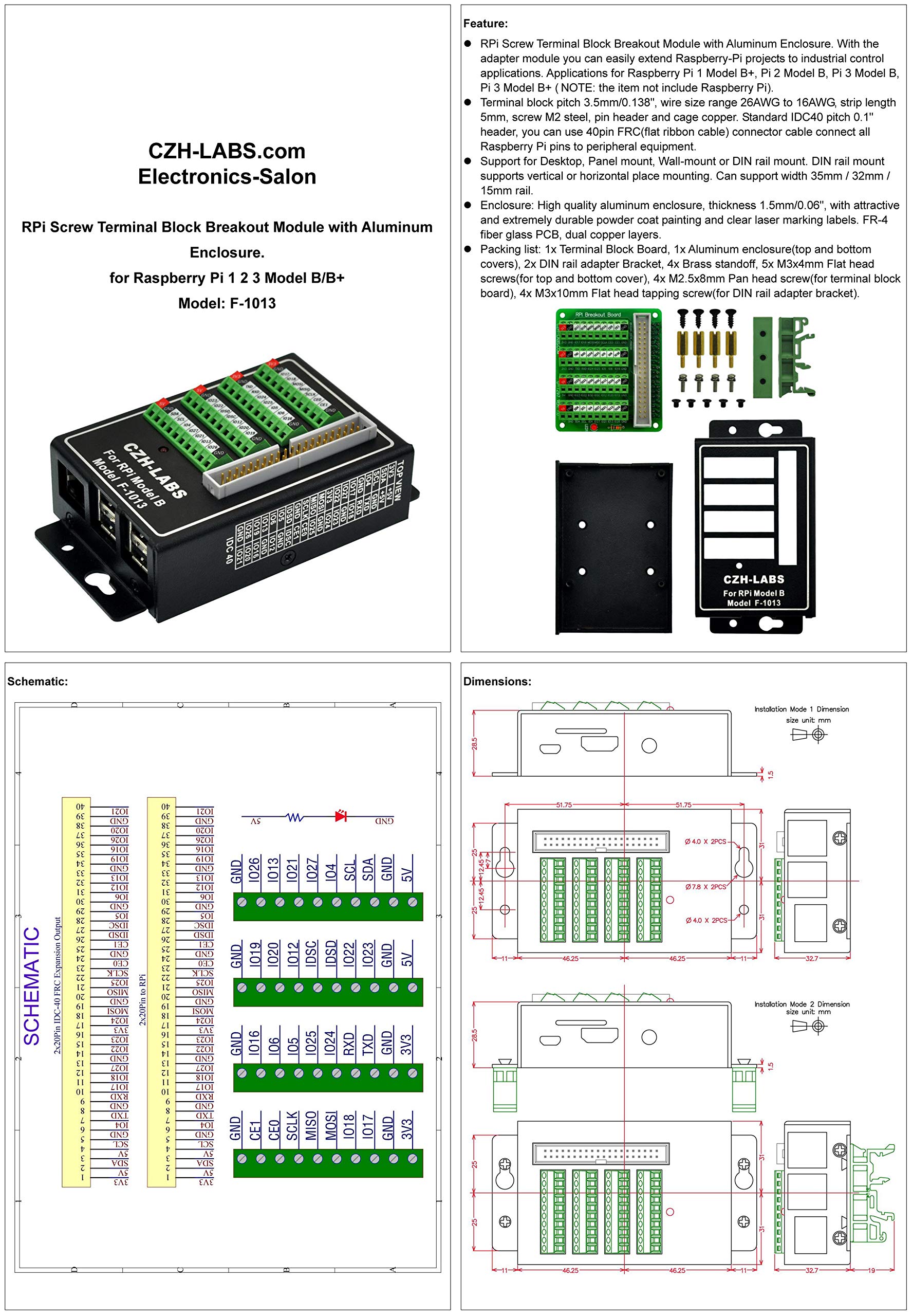 CZH-LABS RPi Screw Terminal Block Breakout Module with Aluminum Enclosure. for Raspberry Pi 1 2 3 Model B/B+