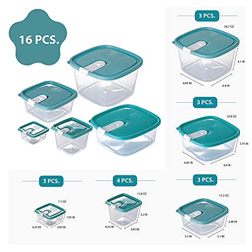 Plastic Food Storage Containers w/attached Lids. Multi sizes Containers. Microwave/Freezer & Dishwasher Safe - Steam Release Valve. BPA/Free (16, Light Blue)