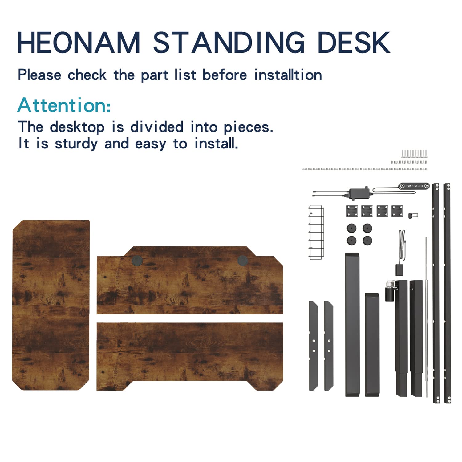 59'' L Shaped Electric Height Adjustable Standing Desk, Sit to Stand Home Office Computer Desk with Black Frame & Rustic Brown Top
