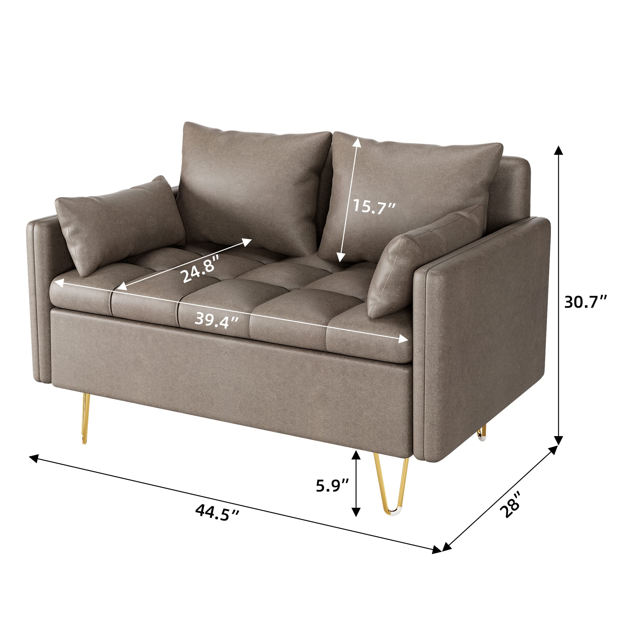 44.5 Inch Small Modern Loveseat Sofa Couch with Storage Under Seat Cushion, Comfy Leather Fabric 2-Seat Sofa with 4 Pillows,Memory Foam, for Small Spaces, Living Room, Bedroom, Dark Brown