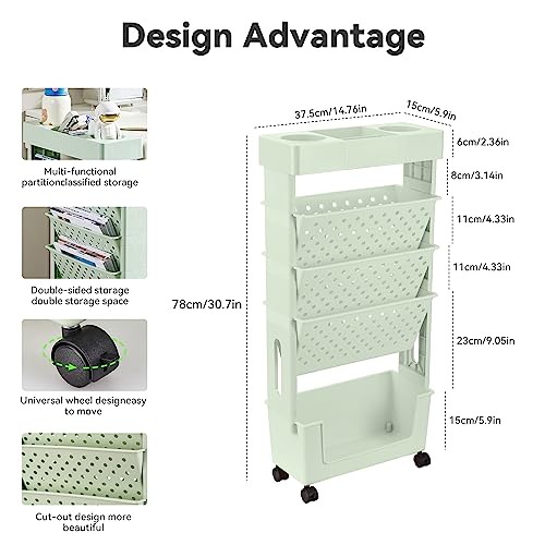 5 Tier Book Rack Storage Bookshelf, Movable Bookshelf Multilayer Capacity Rotatable Removable Plastic Practical Rolling Organization Shelf with Wheel, Bookshelves for Kids Students Study (Green)