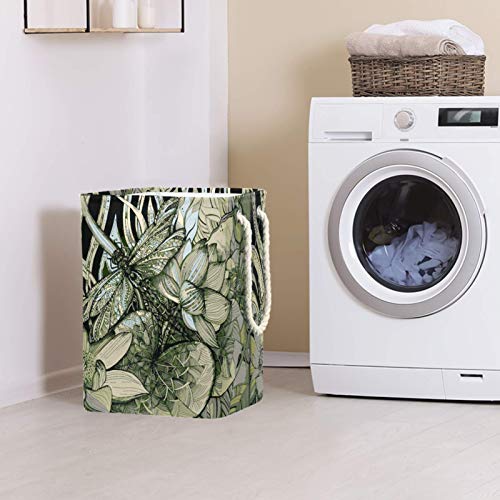 Toy Storage Basket Green Dragonfly Flower Laundry Basket with Durable Soft Handle Drawstring Waterproof Collapsible Washing Bin Dirty Clothes Storage 19.3x11.8x15.9 in