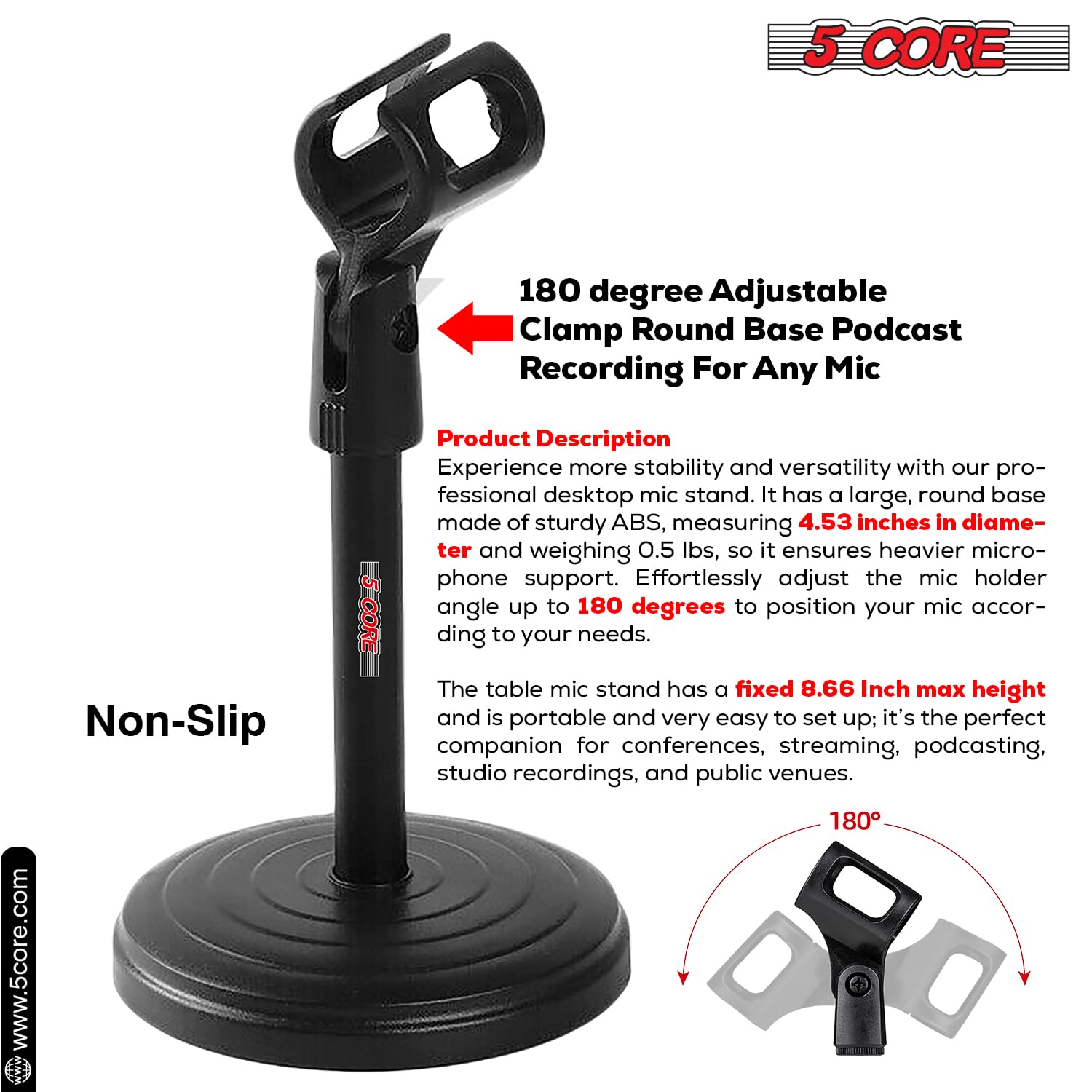 5 Core Desk Microphone Stand • Angle Adjustable Desktop Mic Stand • Table Mic Holder with Universal Mic Clip MS RBS