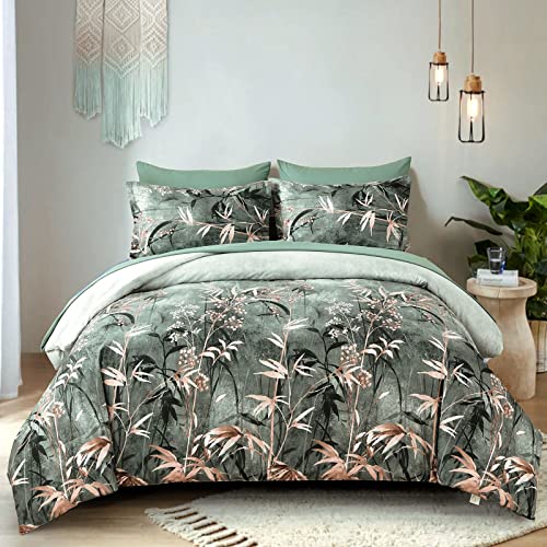 Dinjoy Botanical Comforter Set Queen 7 Pieces Bed in A Bag Dark Green Bamboo Leaves Comforter Set Soft Microfiber Queen Green Omber Comforter with Sheet (7 PCS Queen Comforter,Green)