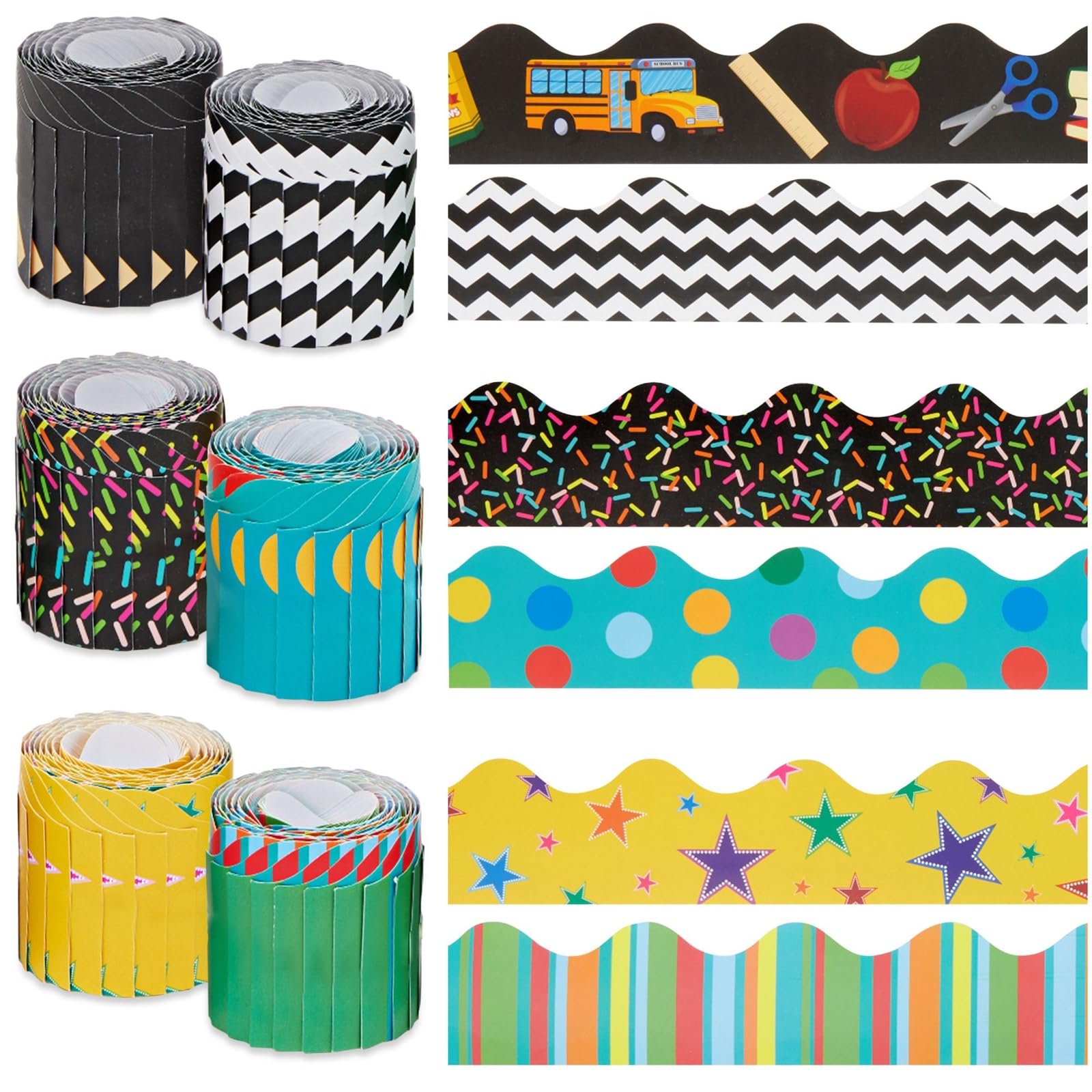 6 Rolls 234 Feet of Scalloped Bulletin Board Borders Trim for Classroom Decor, White, Chalkboard, School Decorations, 6 Assorted Designs for Teacher Supplies (78 Pieces)