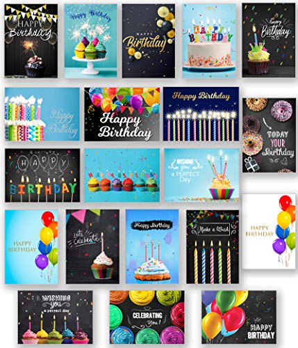 Happy Birthday Cards with Envelopes and Stickers β 20 Unique Designs Greeting Notes, 4x6 Inches when Folded, Thick Cardstock, Matte Finished in a Sturdy Box