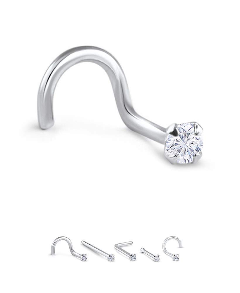 14k White Gold L Bend Nose Stud Ring 2.5mm Clear Round CZ 18G