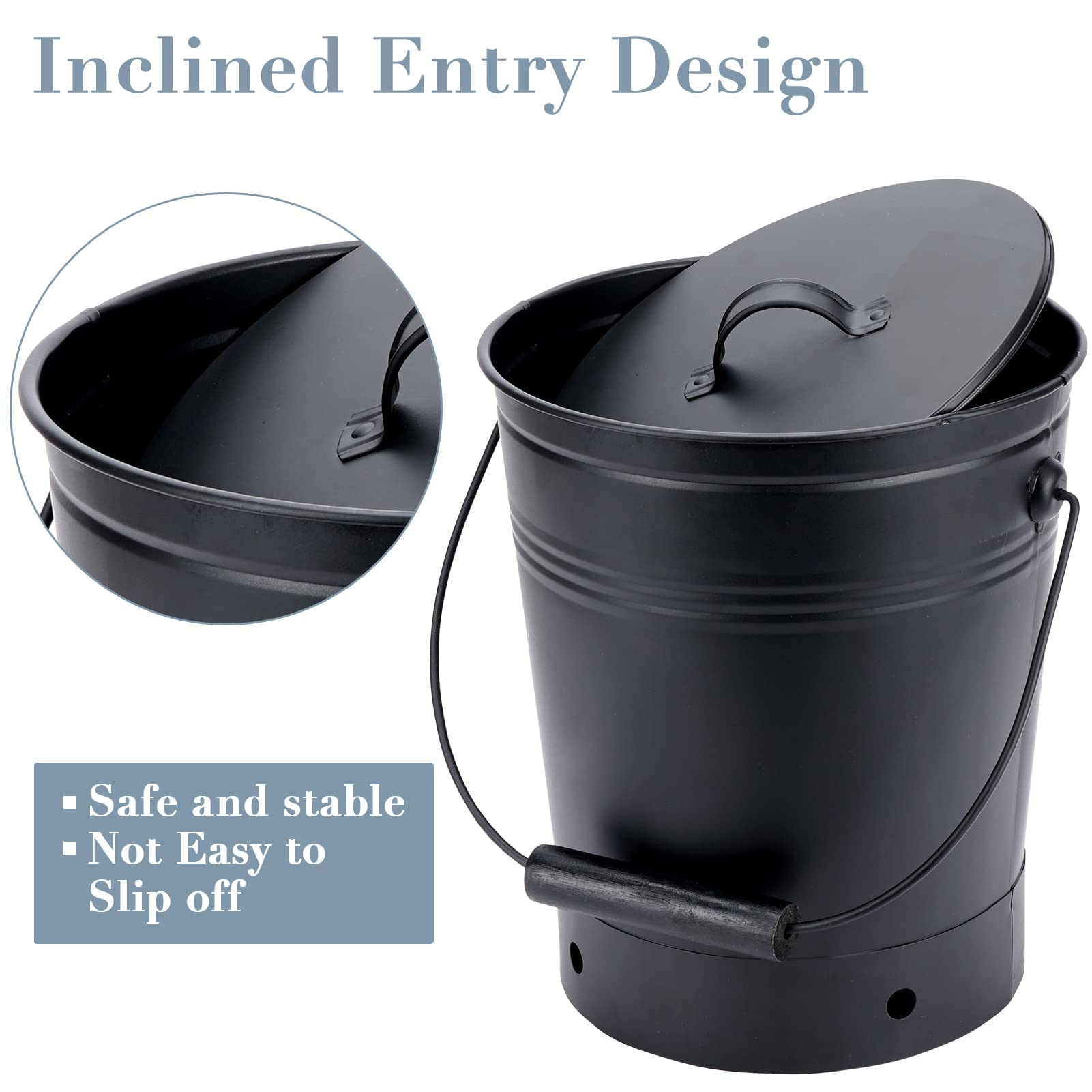 Ash Bucket with Lid and Coal Shovel, Fireplace Metal Bucket, Charcoal Bucket, Ash Can, Galvanized Iron Ash Bucket for Hearth, Fire Pit, Wood Burning Stove, Grill, Black