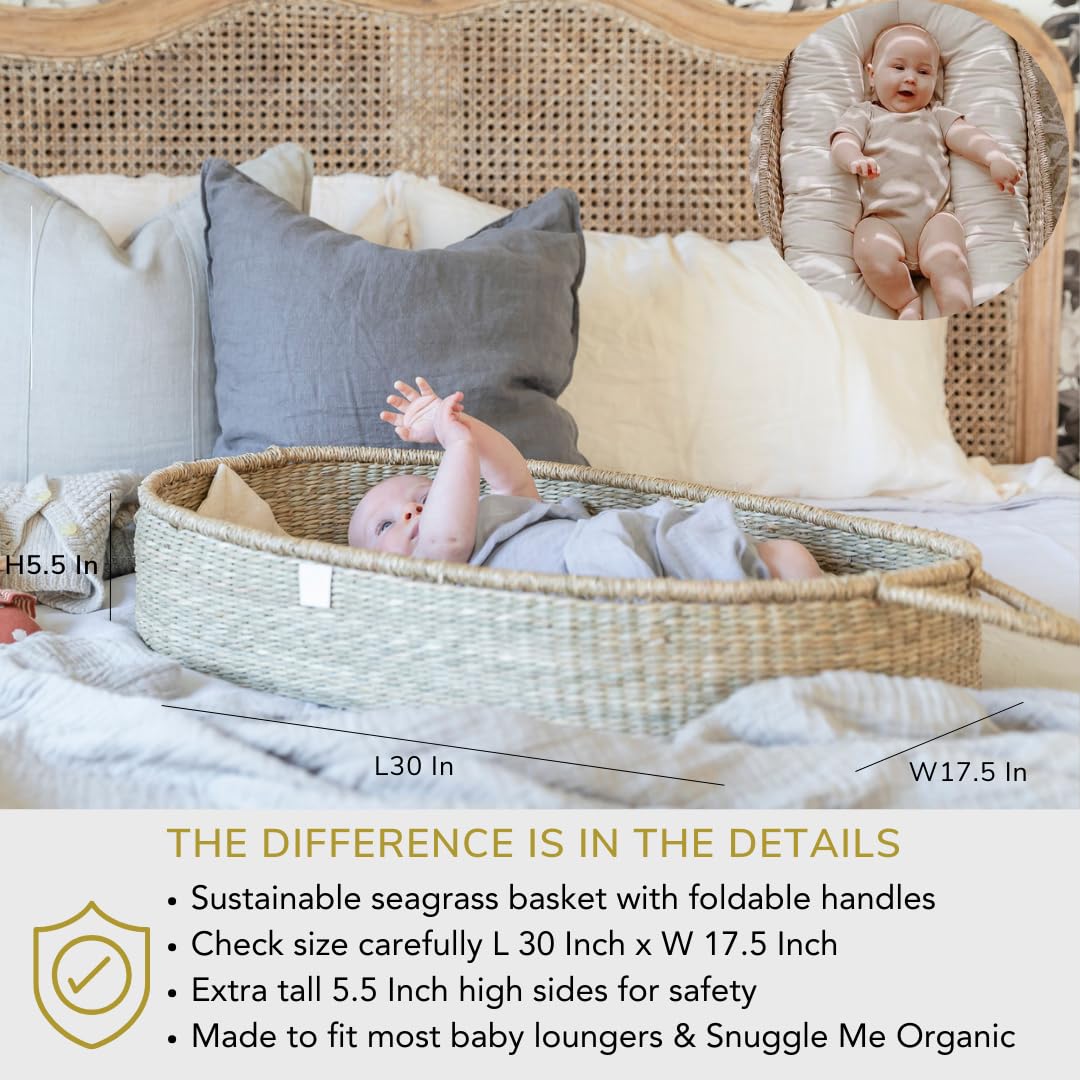 BEBE BASK Premium Baby Changing Basket - Artisan-Crafted Seagrass With Extra High Sides - Changing Basket for Baby Dresser - All Accessories Included - Complete Set for Nursery (Natural)
