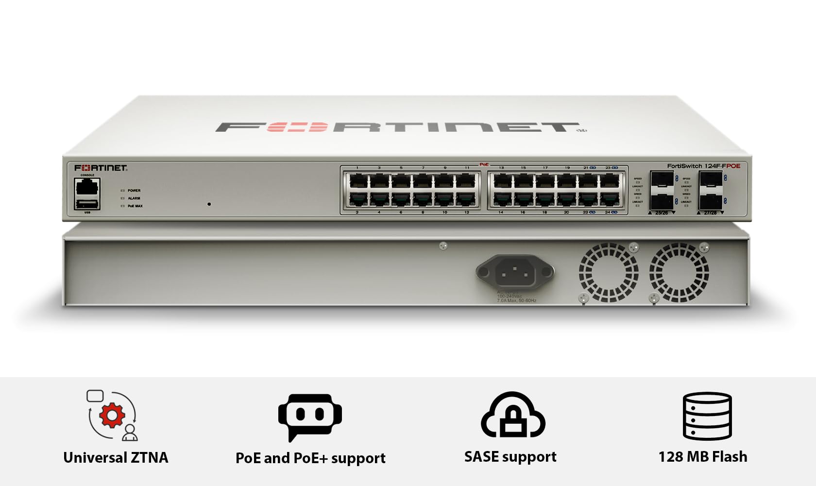FORTINET FortiSwitch 124F-FPOE - FS-124F-FPOE, L2+ Managed POE Switch with 24GE + 4SFP+, 24port POE. Rack Mountable