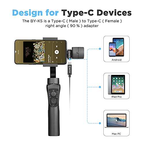 BOYA USB C Right Angle Adapter, by-K5 90 Degree USB C to USB Type-C Male to Female Adapter for Laptop, Tablet, Mobile Phone -Black