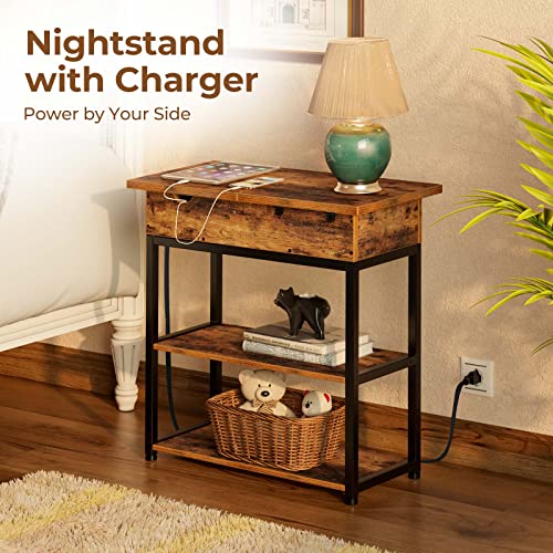 Rolanstar End Table with Charging Station, Narrow Nightstand, Flip Top Side Table with USB Ports and Storage Shelves for Small Spaces, Living Room, Bedroom (Rustic Brown)
