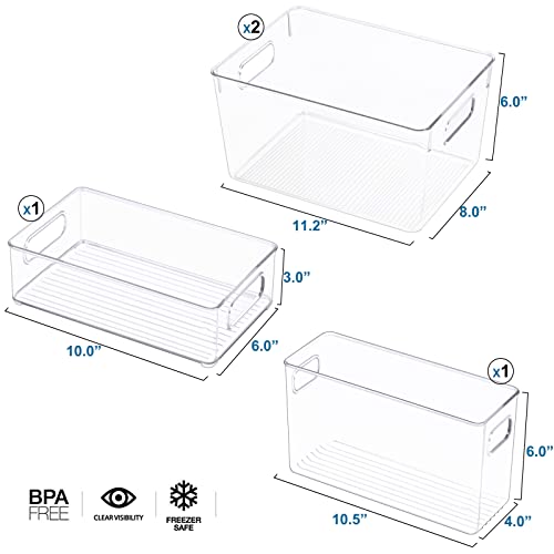 Plastic Refrigerator Organizer Bins - 4 Piece Clear Fridge Organizers with Handles, Fridge Organization Bin Set, Clear Plastic Freezer Storage Bins, Plastic Storage Bins for Cabinets, Pantry