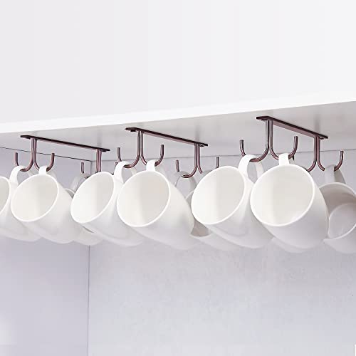FOMANSH Mug Rack Under Cabinet - Coffee Cup Holder, 12 Mugs Hooks Under Shelf, Display Hanging Cups Drying Hook for Bar Kitchen Utensils Brown