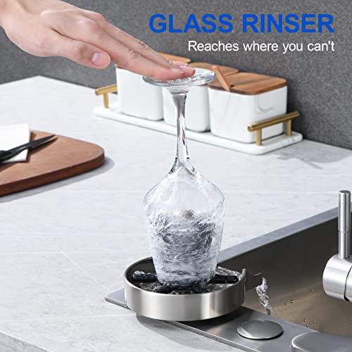 𝟮𝟬𝟮𝟯 𝗡𝗲𝘄 Metal Glass Rinser for Kitchen Sink - 360° Rotary Cup Washer with Brush, Faucet Cup Rinser Cleaner Kitchen Sink Bottle Washer for Bar, Brushed Nickel