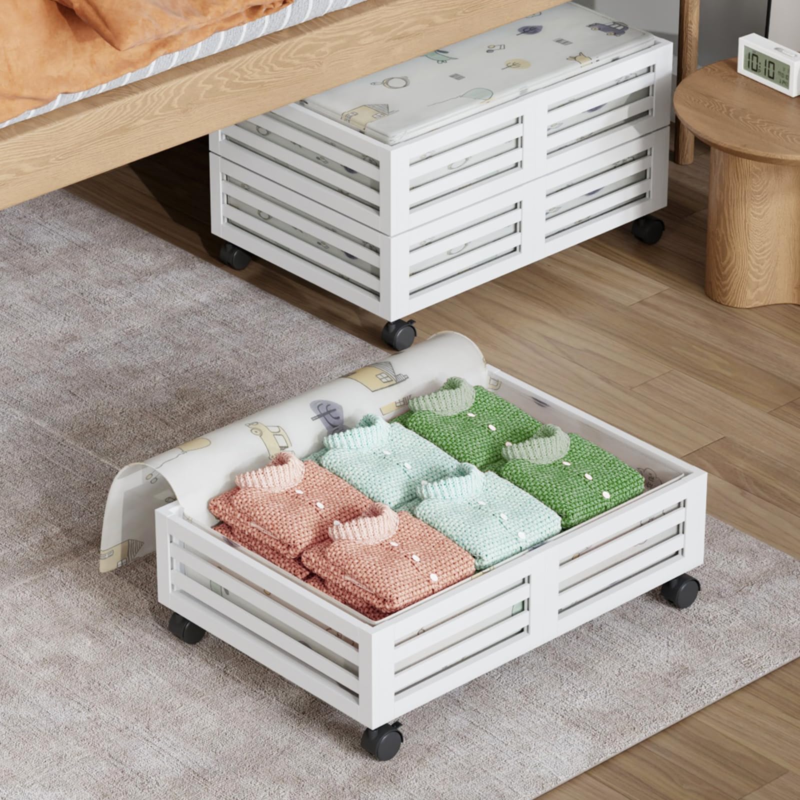 2 Pack Under Bed Bamboo Storage Containers,Under Bed Storage with Wheels,Stackable Under Bed Drawer Organizer with Lids Dust Bags for Baby Clothes Shoes Toys Blankets Bedding Wardrobe Bedroom(Natural)