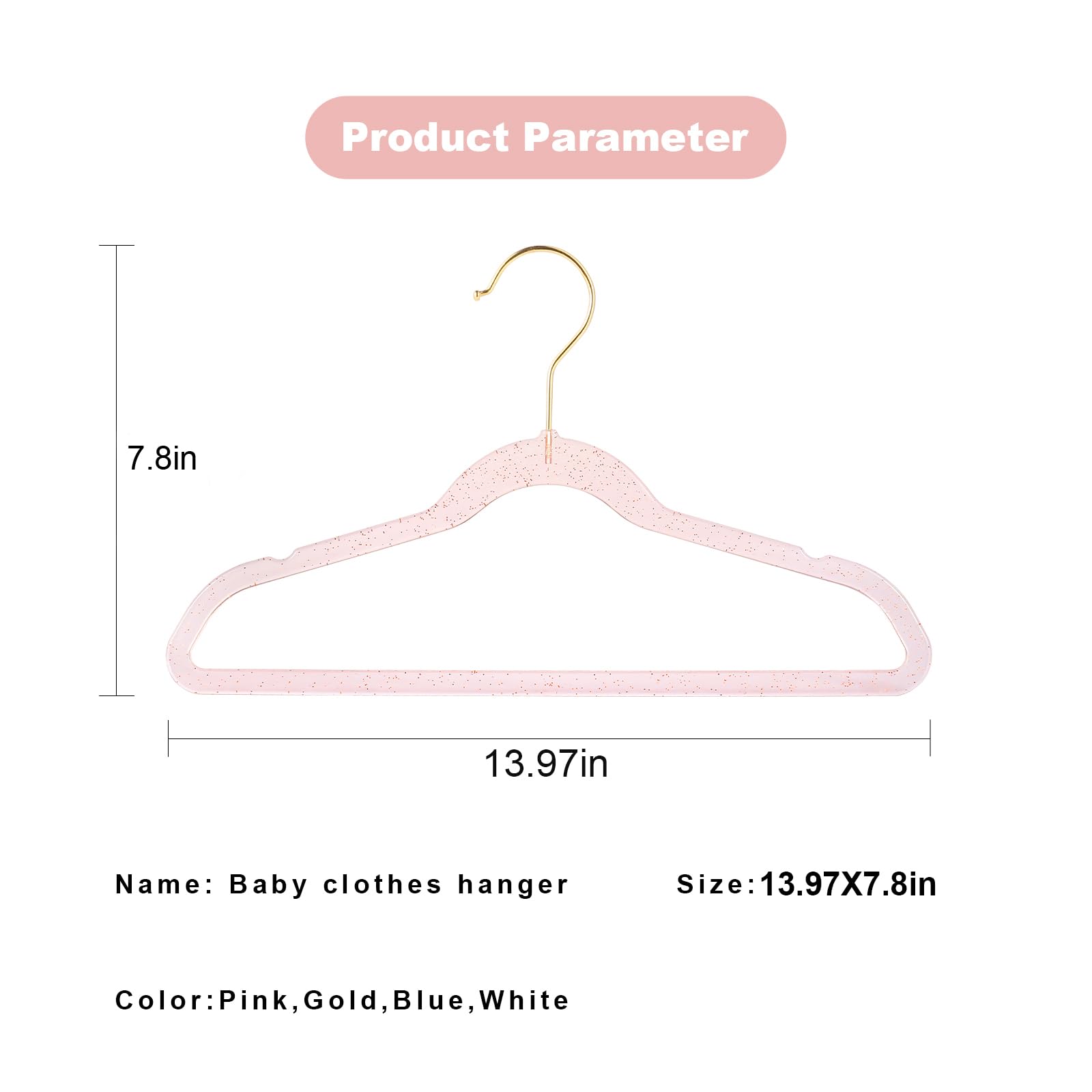 20 Pcs Baby Glitter Clothes Hangers, Kids Gold Plastic Sparkling Hangers for Closets, Non-Slip Space-Saving Suit Hangers(Pink)