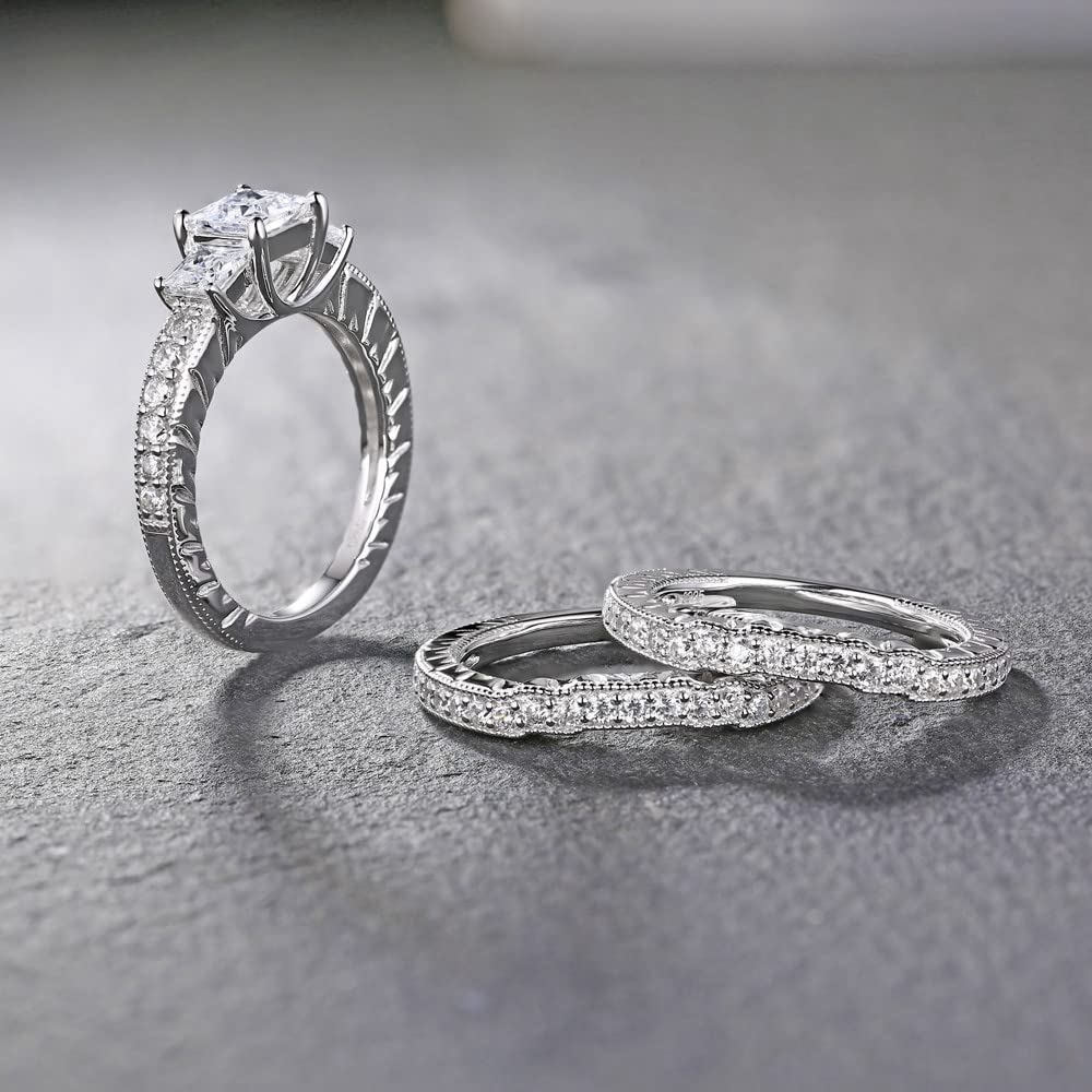 2.8 Ctw Moissanite Princess Cut Wedding Ring Set for Women Platinum Plated Silver 3 Pieces 3 Stone Bridal Ring Set Engagement Ring Set White Gold Bridal Set Anniversary Promise Rings for Her(size 7)