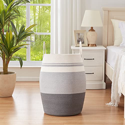 OIAHOMY Laundry Hamper Woven Rope Large Clothes Hamper 25.6" Height Tall Laundry Basket with Extended Handles for Storage Clothes Toys in Bedroom, Bathroom, Foldable (Dark Grey)