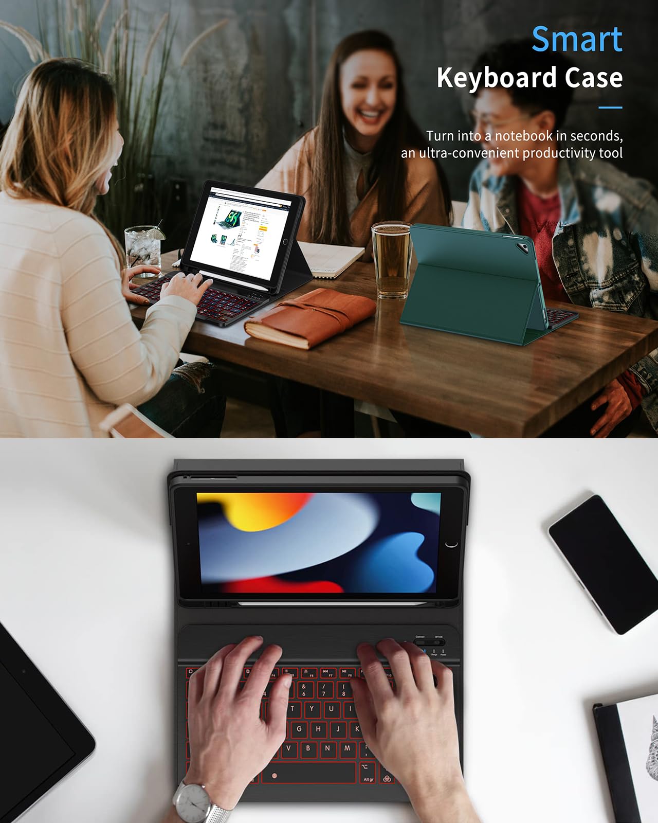 Keyboard Case for iPad 6th/5th Generation 9.7 inch, Slim Folio Smart Case with Pencil Holder for iPad Air 2, Rechargeable, Detachable Wireless Keyboard with 7 Color Backlit for iPad Pro 9.7 - Black