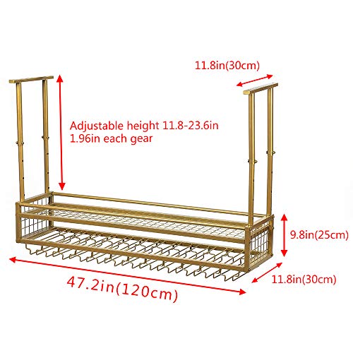 Industrial Hanging Wine Rack with Glass Holder and Shelf,Adjustable Ceiling Bar Wine Glass Rack,2-Layer Metal Wall Mounted Wine and Glass Rack,Iron Bottle Holder Wine Shelf(47.2in,Gold)