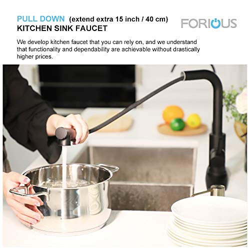 FORIOUS Matte Black Kitchen Faucets with Pull Down Sprayer, Single Handle Kitchen Sink Faucet with Pull Out Sprayer