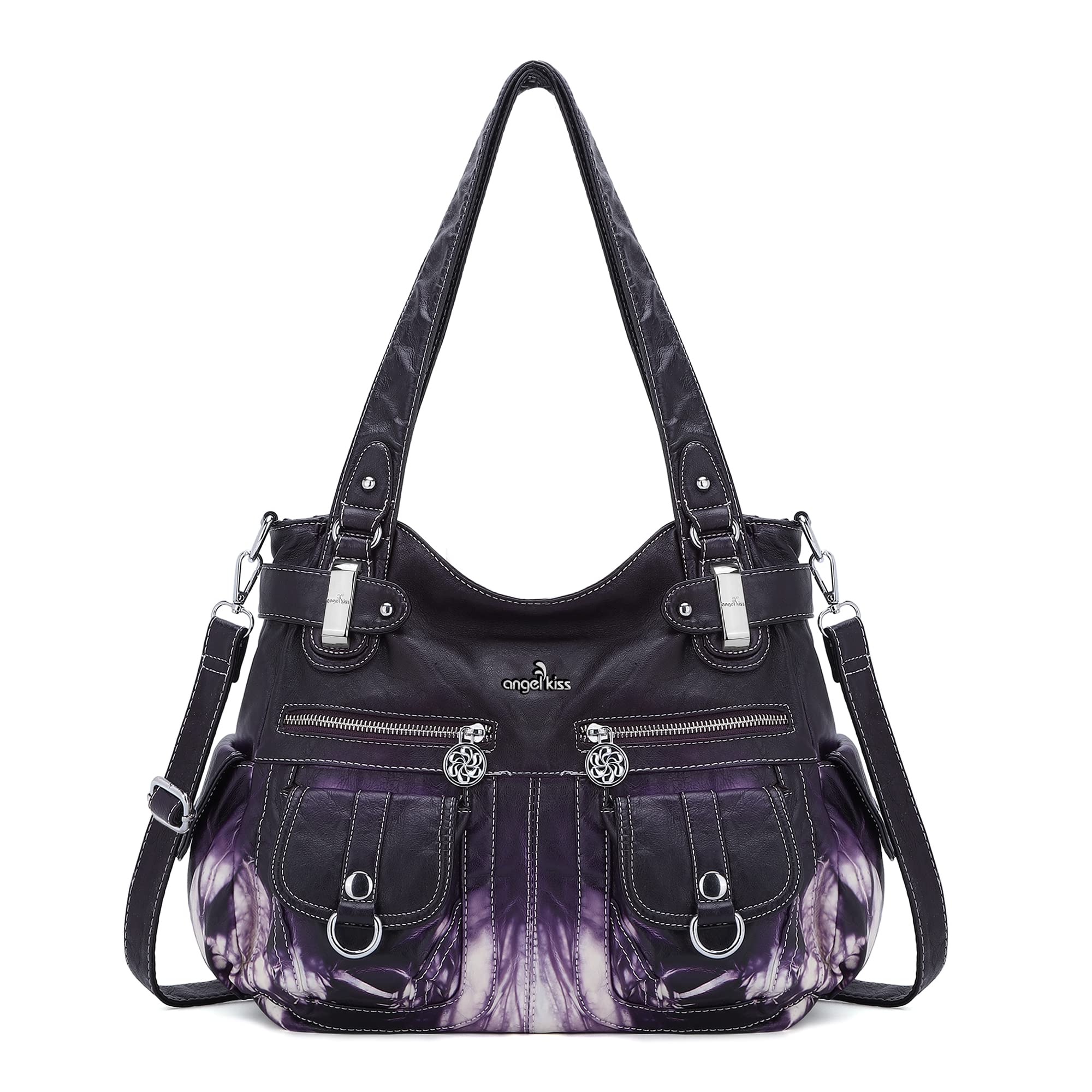 Angelkiss Women's Designer Handbag Large Double Zipper Multi Pocket Washed, Purple-z
