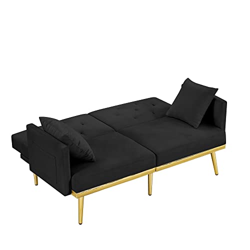 60"Convertible Folding Futon Sofa Bed with 2 Pillows and Armrest,Modern Velvet Sleeper Couch Bed with 3 Adjustable Backrests,Recliner Loveseat for Small Space,Living Room Bedroom Apartment (Black)