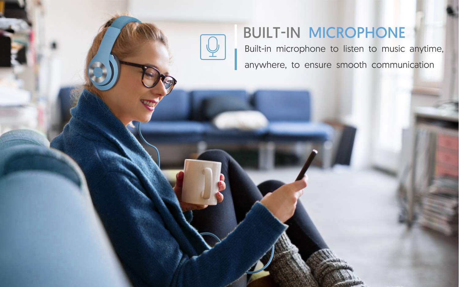 AUSDOM Lightweight Over-Ear Wired HiFi Stereo Headphones with Built-in Mic Comfortable Leather Earphones- Blue