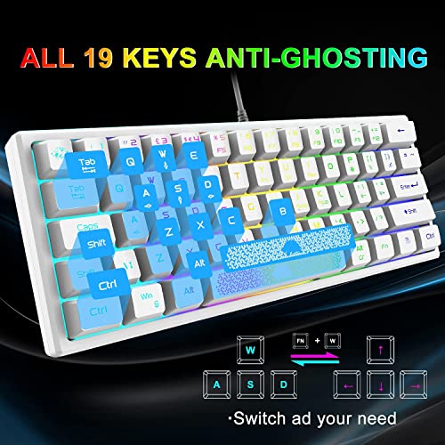 60% Gaming Keyboard and Mouse,Rainbow LED Backlit Gaming Keyboard with Wired Mini Portable Ergonomic 2400 DPI Ultralight Gaming Honeycomb Shell Mouse,Mouse Pad for Windows PC Gamers(White)