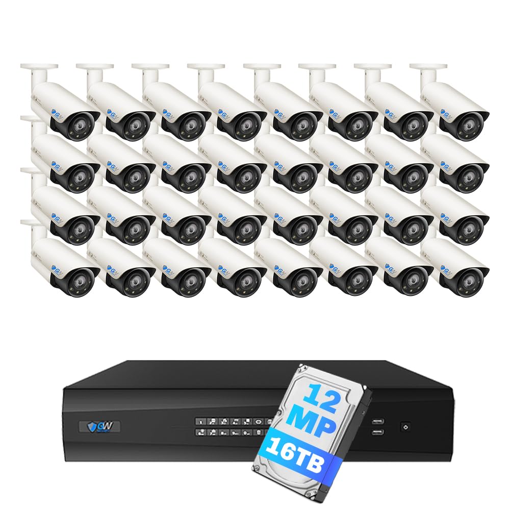 GW 32 Channel 4K NVR 8MP (3840x2160) H.265+ Color Night Vision Smart AI Security Camera System - 32 x UltraHD 4K Human Detection PoE IP Microphone Outdoor/Indoor Bullet Camera, 15 AI Functions