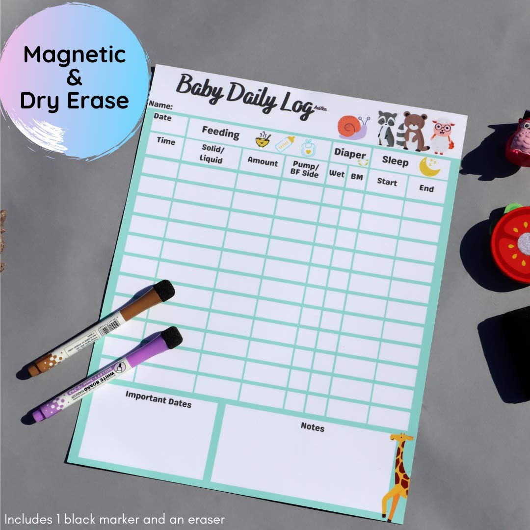 Baby Daily Log Chart Dry Erase Whiteboard for Logging Daily Schedule for Newborns and Toddlers, Log Feeding, Diaper Change, Naps and Daily Activities, Board for Refrigerator, with Pen and Eraser