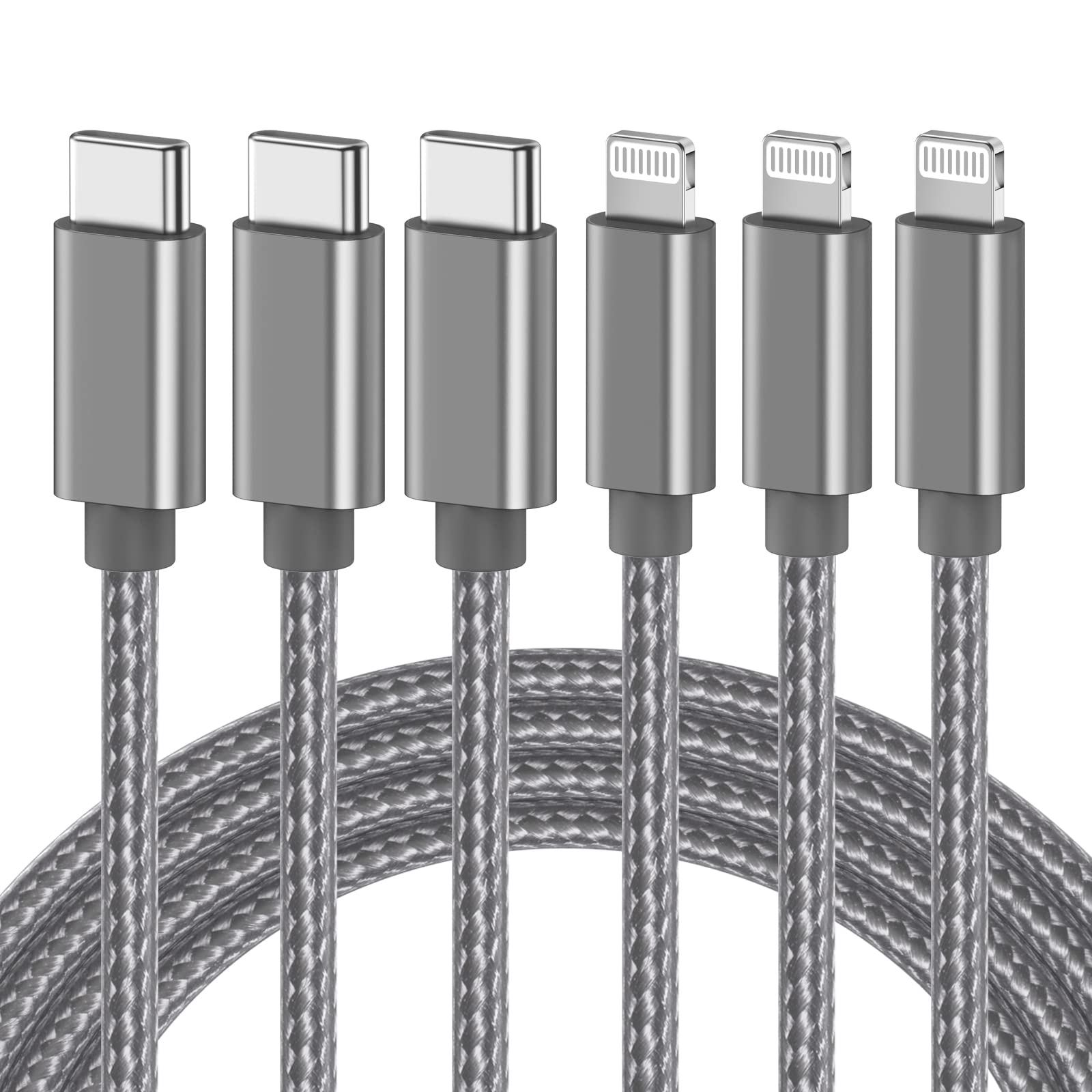 Novtech USB C to Lightning Cable 6FT [MFi Certified] 3 Pack 3A Super Fast iPhone Charger, Rapid Braided Type C Charging Cord for iPhone 14 13 12 11 Pro Max Plus Mini XR XS X 8 iPad Airpods, Gray
