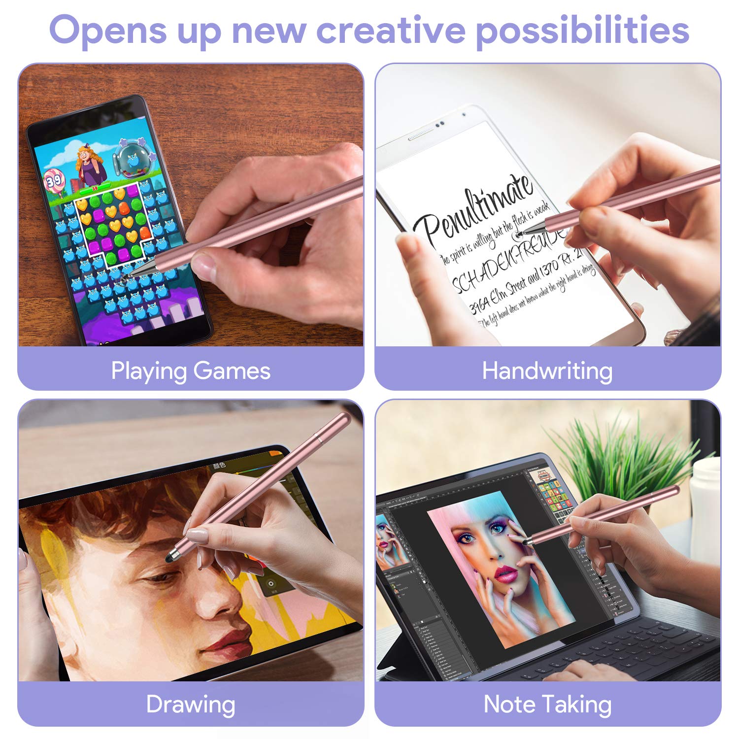 Benote Stylus Pen for Touch Screen, Fine Tip Stylus with Rubber Tip Disc Tip High Sensitivity Drawing Writing Tablet Pen for ipad, iPhone, Apple, Android, hp Chromebook, Phone - Rose Gold