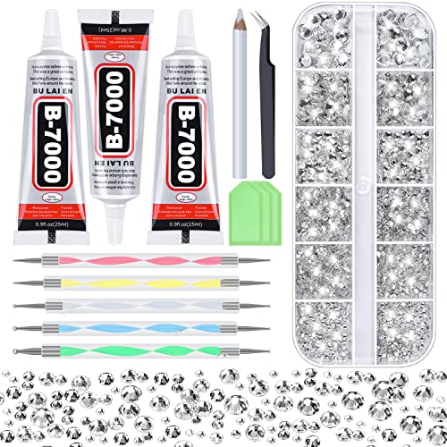 B7000 Rhinestone for Glue, 3 PCS 25ml Craft Adhesive Glue for Crafts with 3000pcs Flatback Rhinestones Gems with Picker Tool Wax Pencil Fabric Glue for Nail Art Bead Jewelry Making Clothes Shoe Bags