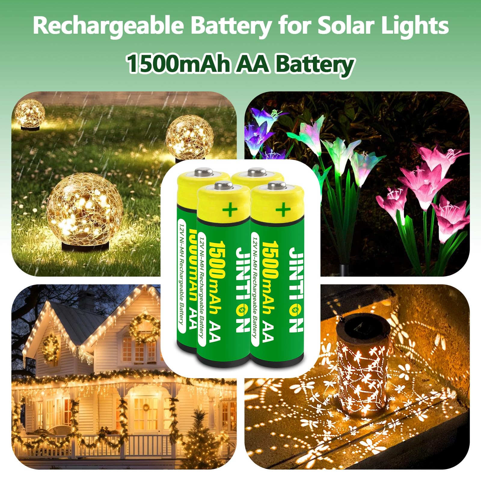 JINTION AA Rechargeable Batteries, Double A Ni-MH High Capacity 1.2V 1500mAh Pre-Charged AA Solar Battery for Solar Lights String Lights Remotes Toys, 4 Pack