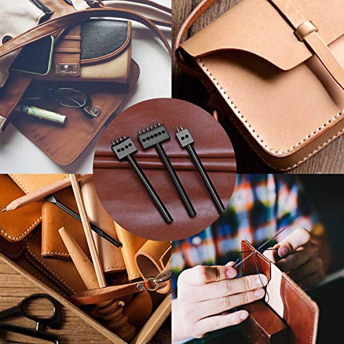 Prong Punch Tool Set - 3pcs 5mm Leather Row Round Hole Tooth Punch Tool, 2/4/6 Prong Circular Cut Lacing Stitching Chisel DIY Leathercraft Punching Accessories Kits for Leather Craft Supplies