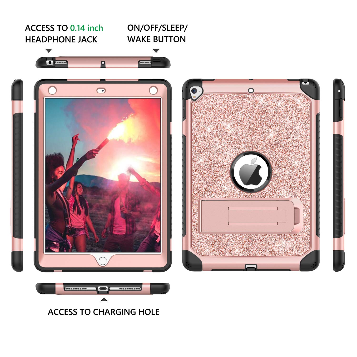 BENTOBEN for Case for iPad Air 2/iPad 9.7 2017/2018/Pro 9.7, iPad 5th/6th Generation Case, Glitter 3Layer Full Body Protective Shockproof Girls Women Kids Tablet Cover, Rose Gold
