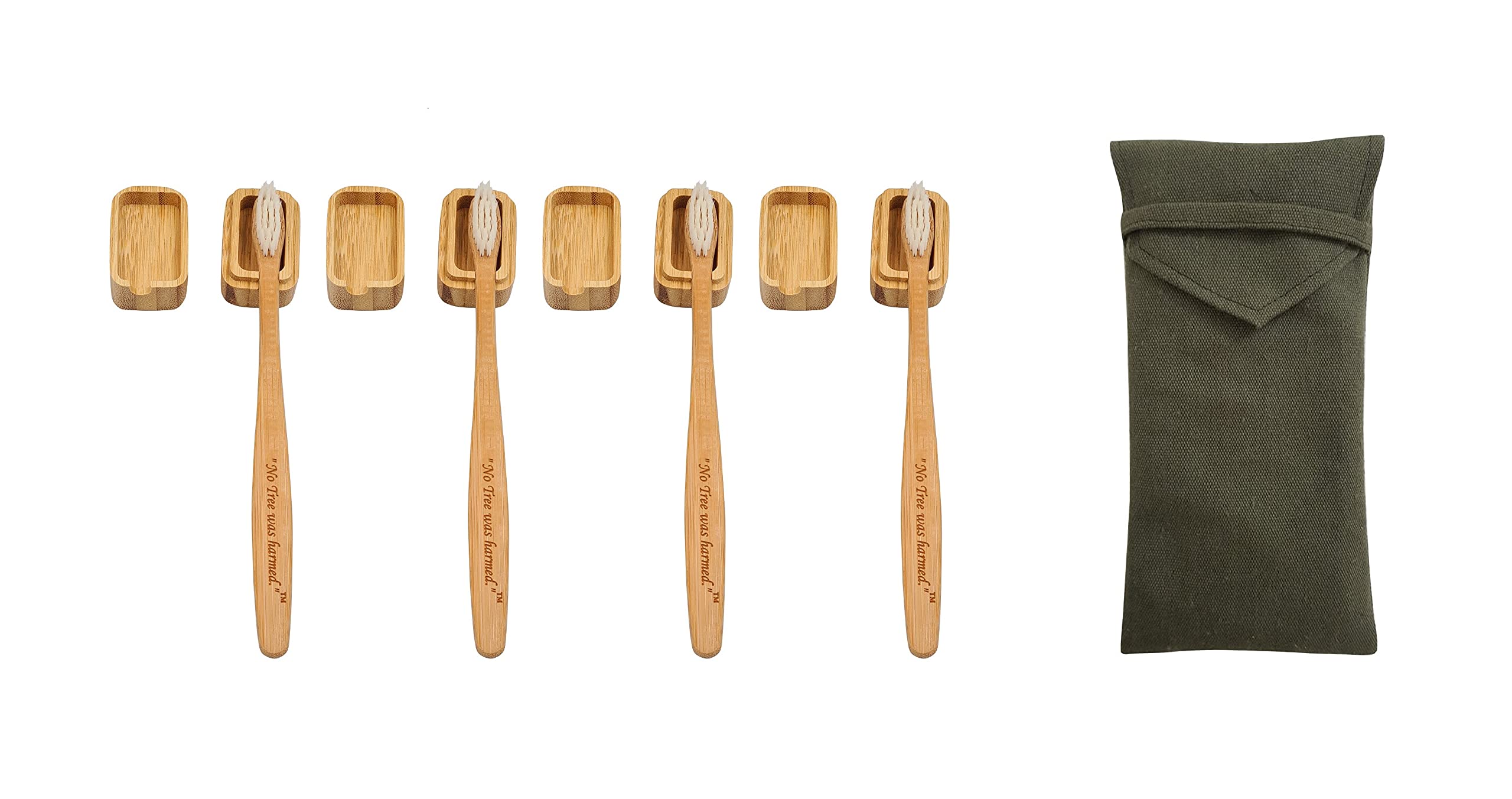 No Tree Was Harmed Set of 4, Bamboo Toothbrushes 2-18cm, 2-16 cm, 4 Bamboo Toothbrush Rectangular Covers and an Olive Cotton Travel Bag and Wrapped in Bamboo Kraft Paper – (4-18cm 4 - Covers 1 Pouch)