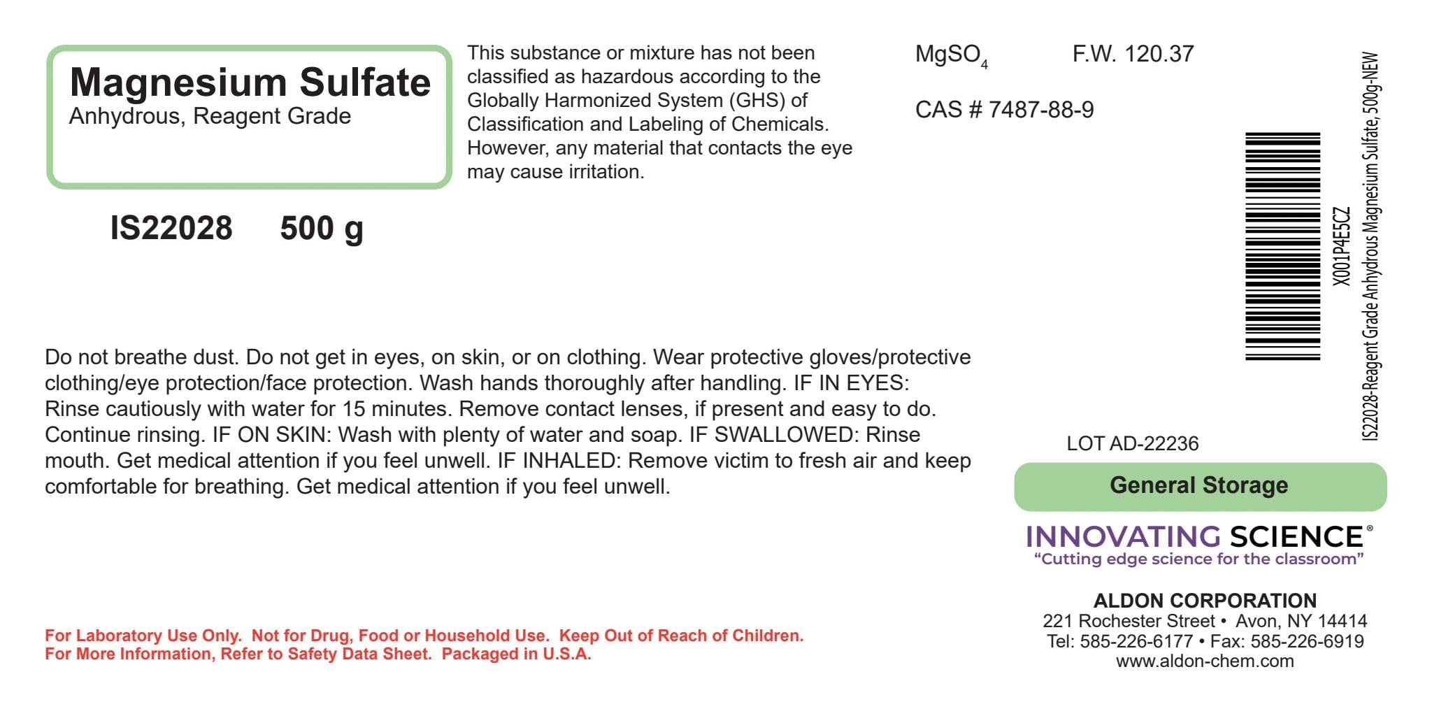 ALDON Innovating Science Reagent Grade Anhydrous Magnesium Sulfate, 500g - The Curated Chemical Collection