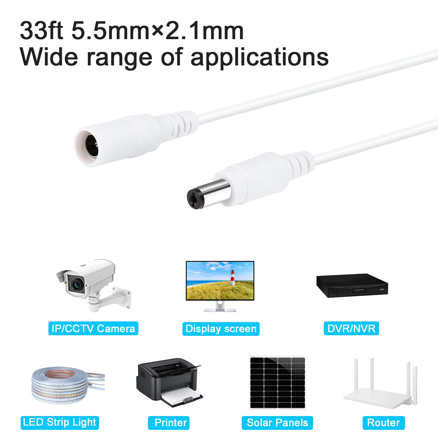 DC Power Extension Cable, 33ft 2Pack 2.1mmx5.5mm DC Plug Power Supply Adapter Extension Cord 20AWG Power Cord Compatible with 12V,24V Wireless CCTV IP Security Camera,Led Strip Lights(2pcs White)