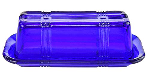 Home-X Glass Butter Dish with Lid - Vintage Style Butter Keeper for Countertop, Retro Butter Container with Cover, Dishwasher Safe Butter Holder, 6 3/4" L x 3 1/4" W x 2 1/2" H, Blue
