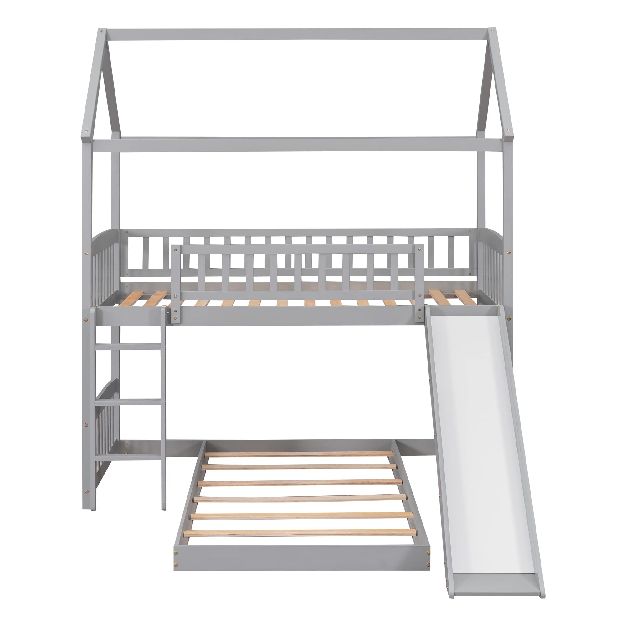LZ LEISURE ZONE Bunk Bed with Slide, Wood Twin Over Twin Bunk Bed Frame, Twin Size House Bunk Bed, Bedroom Furniture for Kids/Teens/Aldults, No Box Spring Needed, Gray