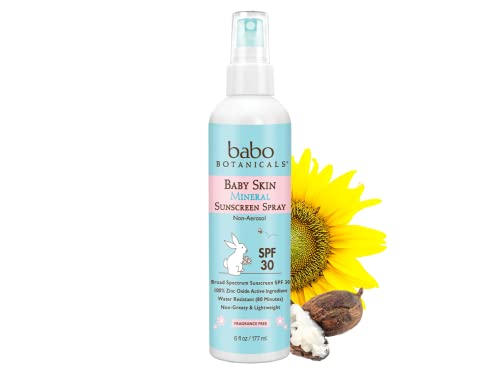 Babo Botanicals Baby Skin Mineral Sunscreen Spray SPF 30 Broad Spectrum - with 100% Zinc Oxide Active – Fragrance-Free, Water-Resistant, Non-Greasy & Lightweight - 6 fl. oz.