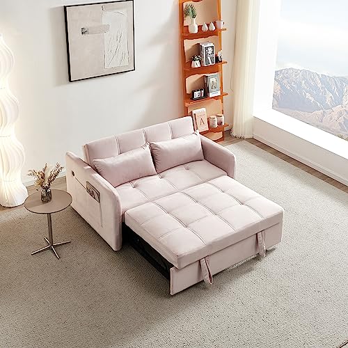 3 in 1 Convertible Sleeper Sofa Bed Twin Size ,55.5" Trundle Loveseat w/Pull-Out Couch and USB Chargers, Button Tufted Velvet Upholstered Futon Sofa & Couch for Limited Spaces Living Room Bedroom