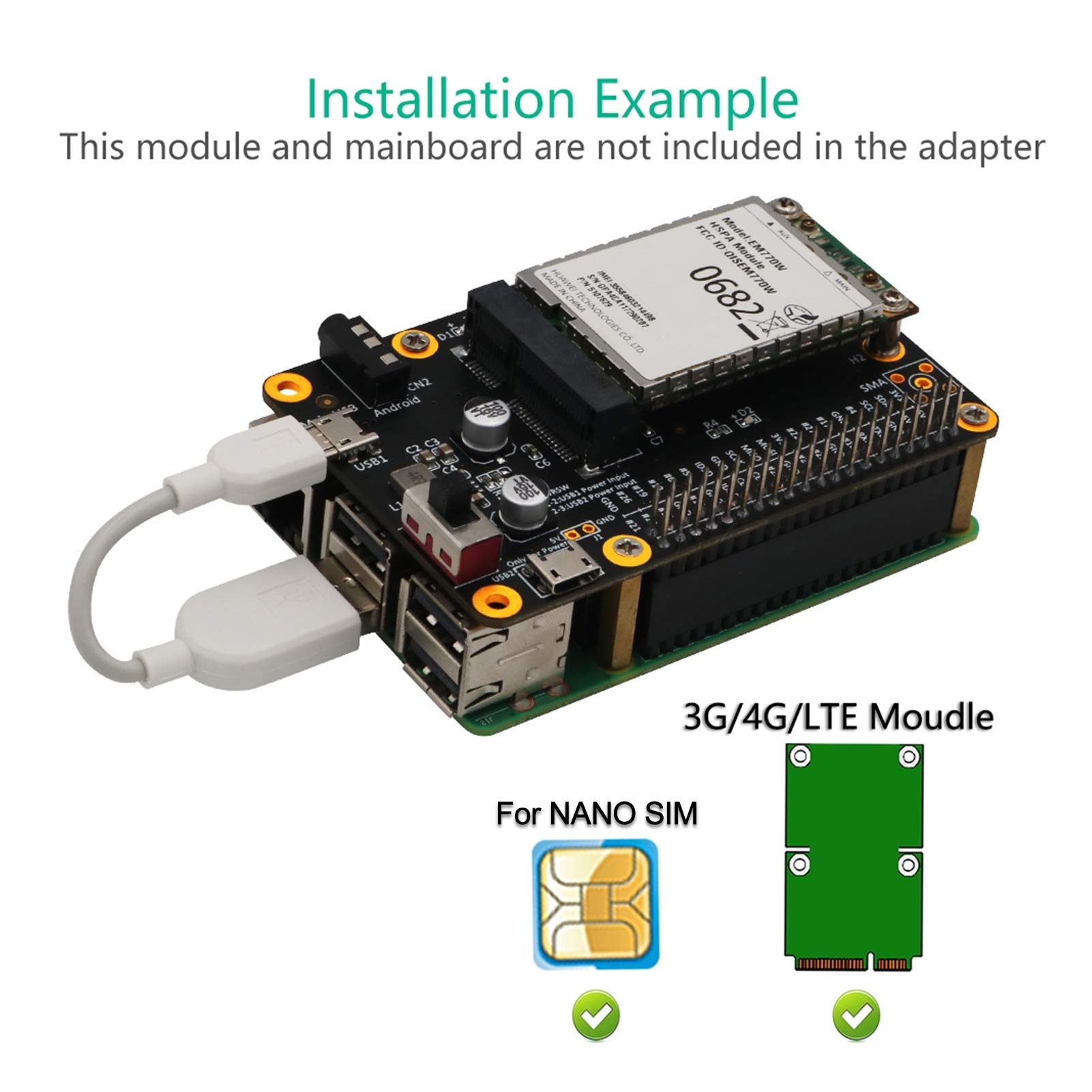 for 3G/4G LTE Base Hat PC/Laptop/Computer Board Built-in Nano SIM Card Socket with USB 2.0 to Micro USB Cable for 4/3/2/B+