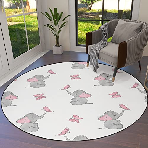 OUR DREAMS Round Area Rugs Children Crawling Mat,Elephant Nursery Decor Residential Carpet for Living Dining Room Kitchen Rugs Decor,Baby Elephants Playing with Butterflies Lovely Kids Room,3Ft(36In)