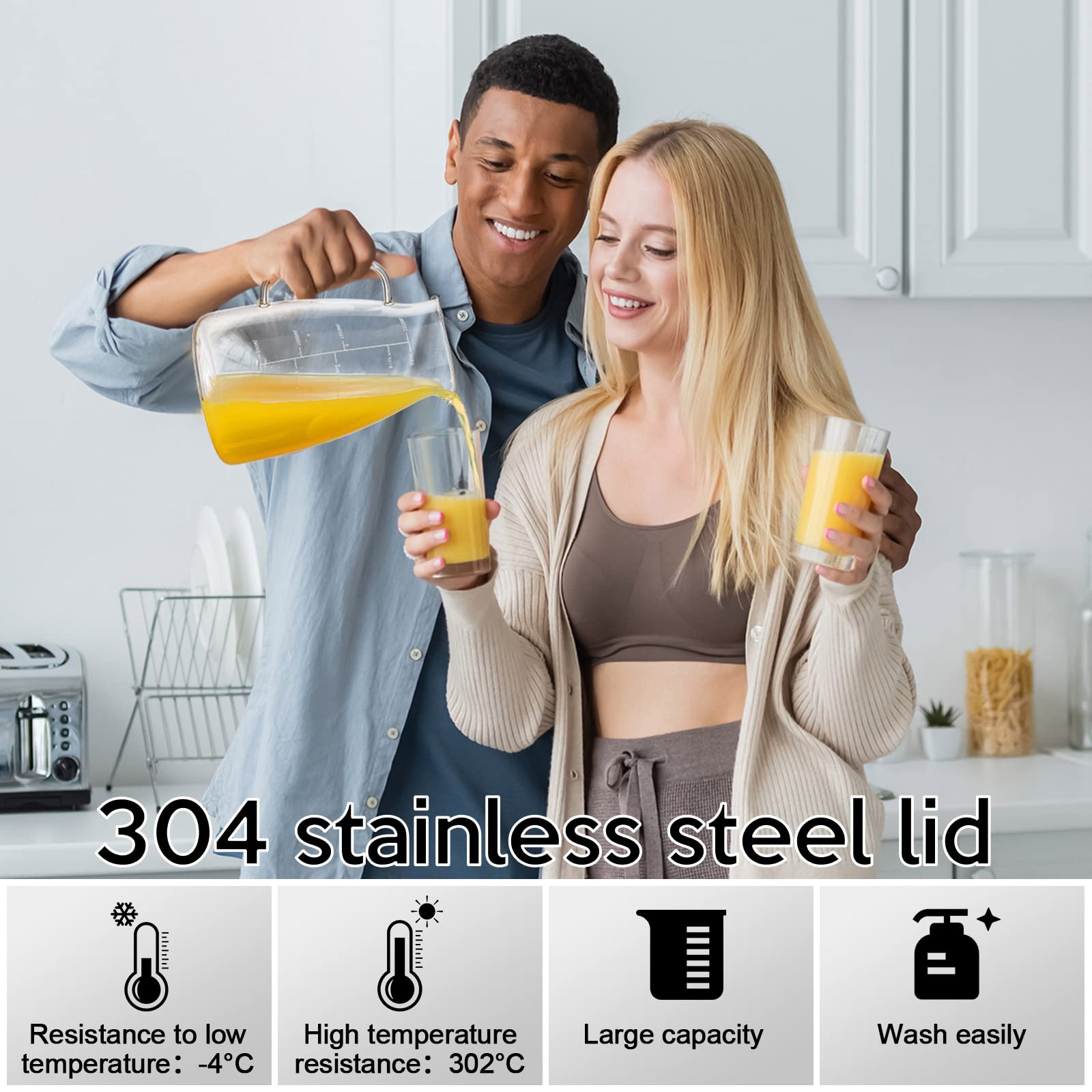 2 Pcs Glass Pitcher Water Pitcher Fridge with Lid and Handle Carafes and Pitchers Iced Tea Pitcher Hot Cold Water Heat Resistant Borosilicate Glass Jug for Water Juice Iced Tea (Simple Style,68 oz)