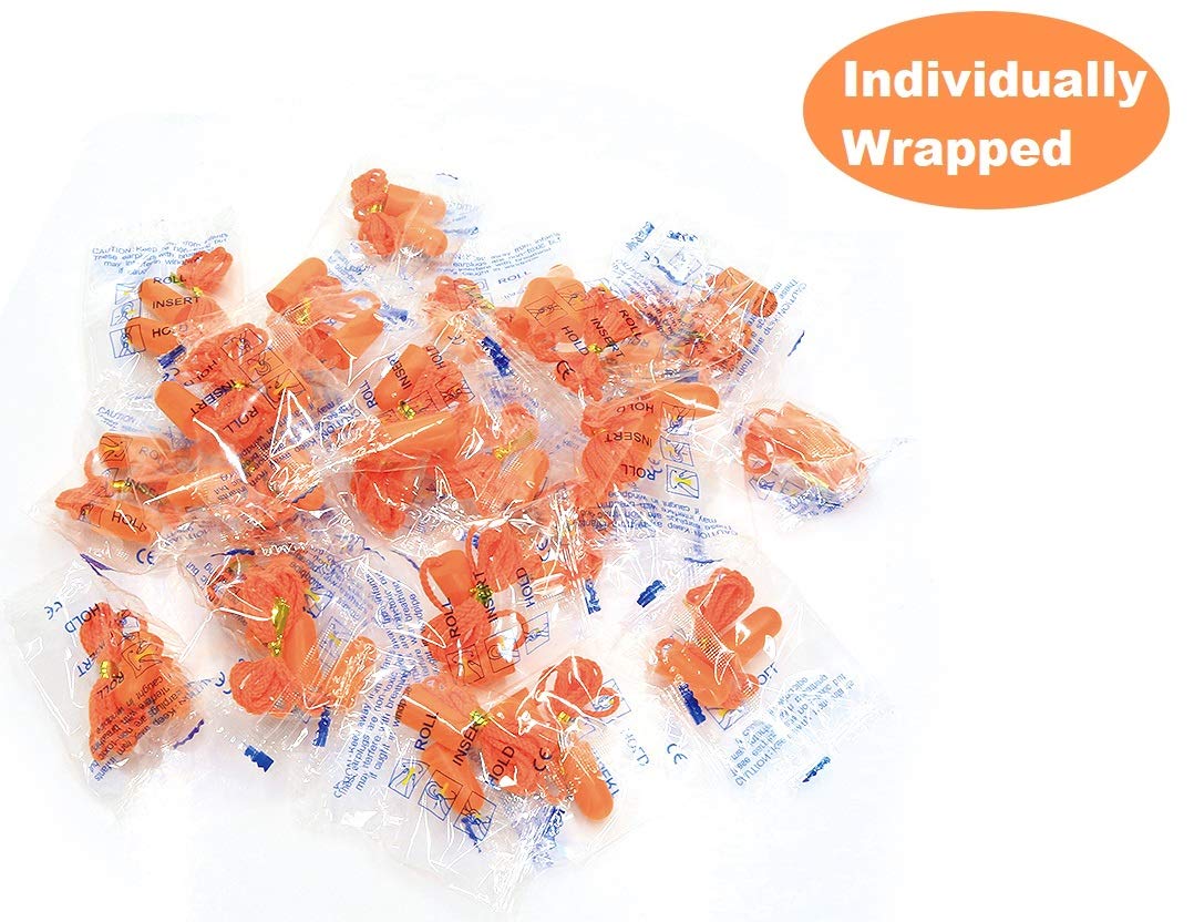 20 Pair Foam Ear Plugs with Cord - Soft & Comfortable Disposable Ear Protection - Individually Wrapped with Noise Cancelling up to 32dB - Ideal for Sleeping Construction Shooting Sports Mowing